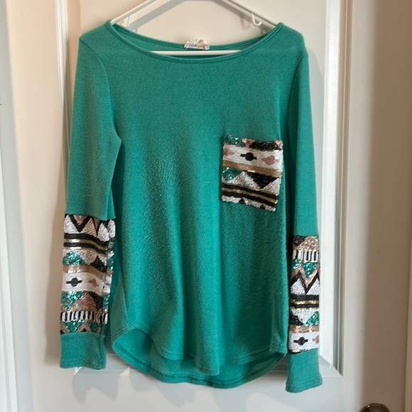 Tops | Boutique Turquoise Sequin Shirt | Poshmark